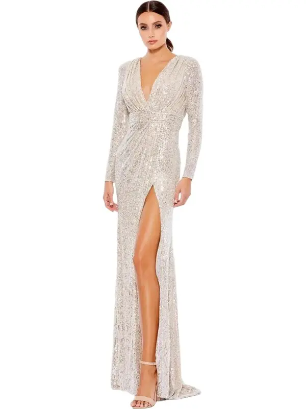 Mac Duggal Sequined Long Sleeve Gown - Silver