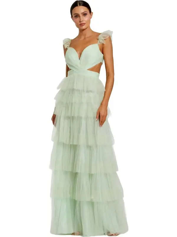 Mac Duggal Ruffle Tiered Tulle Cut Out Gown - Green