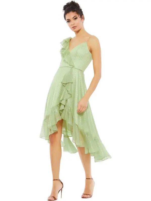 Mac Duggal Ruffled Faux Wrap Polka Dot Midi Dress - Green