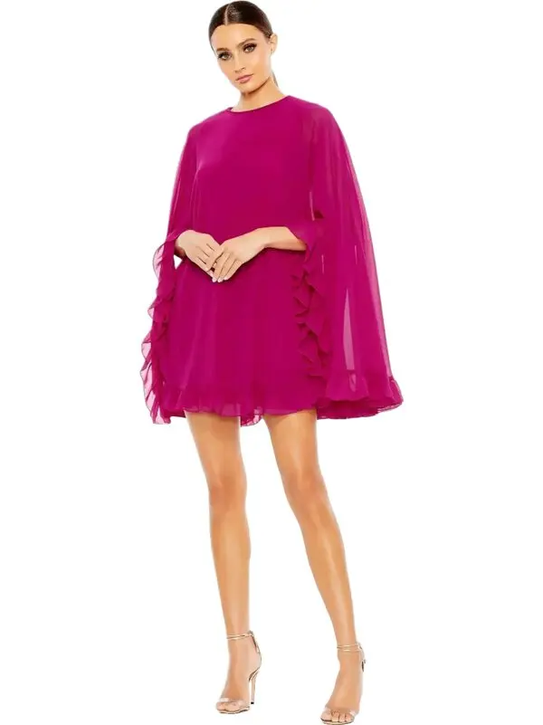 Mac Duggal High Neck Cape Mini Dress With Ruffle Hem - Pink