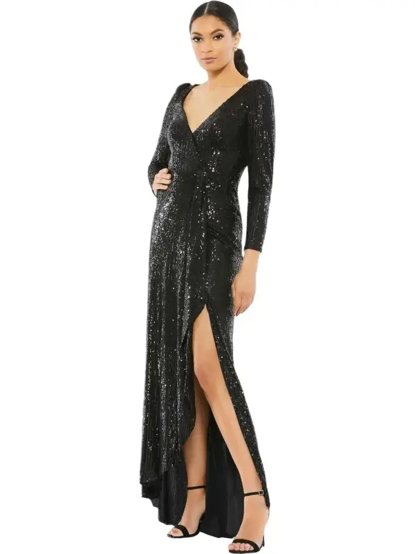 Mac Duggal Sequin Faux Wrap Gown With Slit - Black