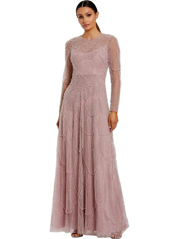 Mac Duggal Beaded High Neck Long Sleeve A-line Gown - Pink