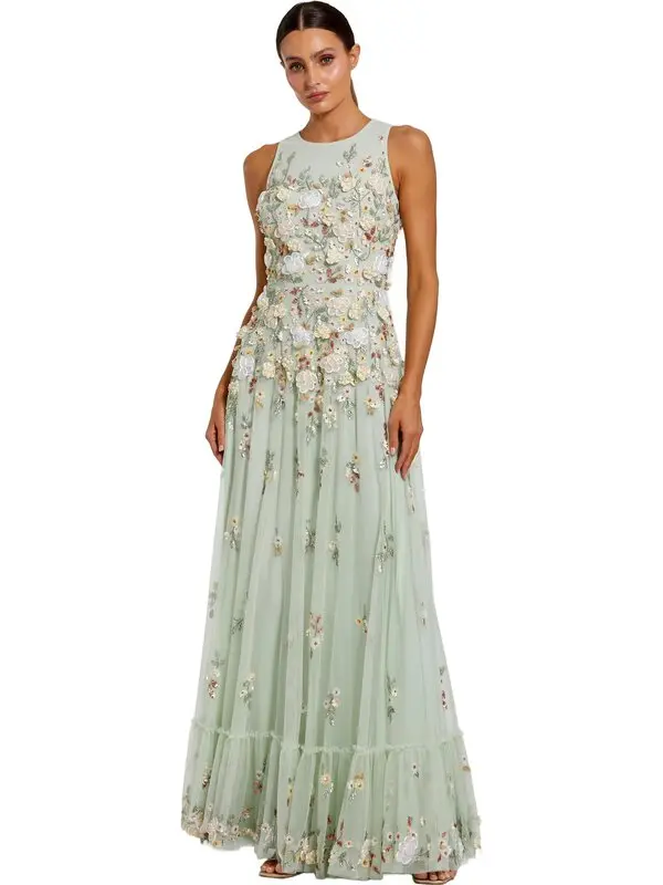 Mac Duggal Embellished High Neck Sleeveless Gown - Sage Multi