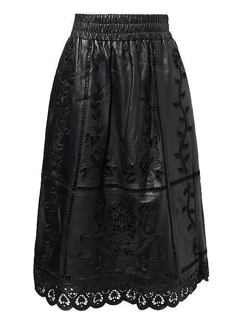 Farm Rio Leather Midi Skirt With Embroidered Cut-out Motifs - Black