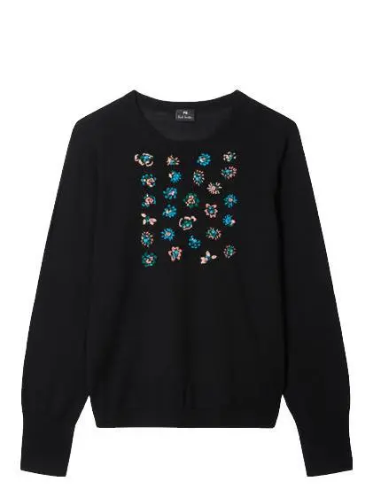 Paul Smith Merino Wool Floral Embroidered Sweater - Black