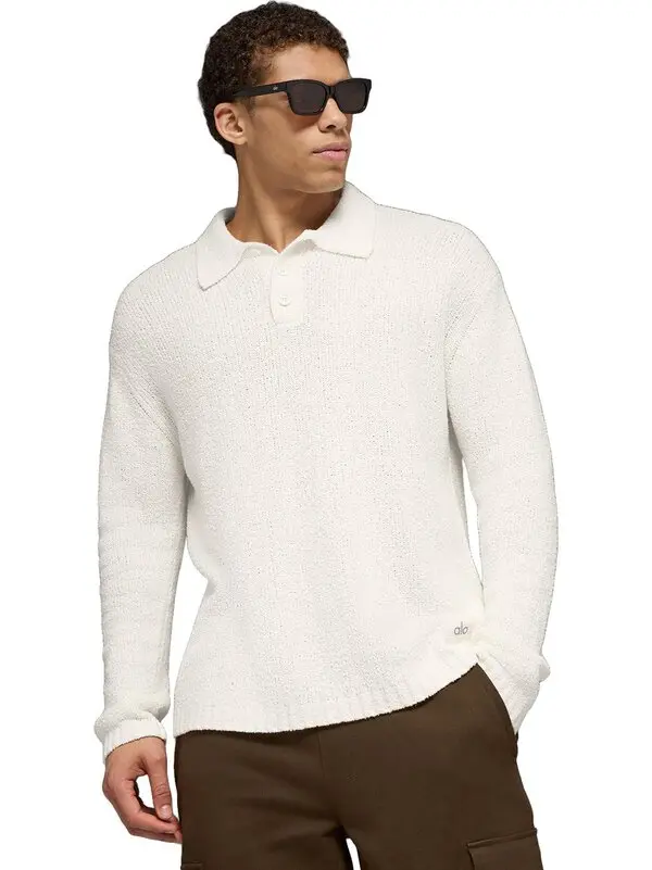 Alo Yoga Textured Knit Long Sleeve Polo Top - Ivory