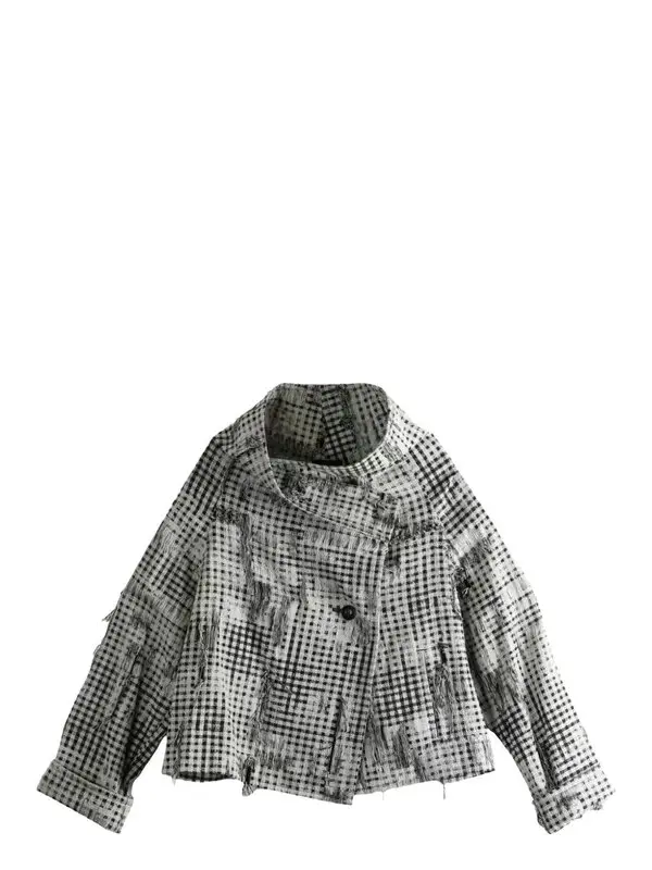 Y’s Check-pattern Frayed-hem Jacket - White