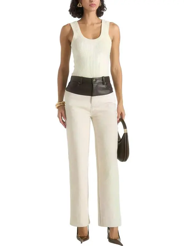 Manière De Voir Renee Leather & Denim Straight Leg Jeans - Neutrals