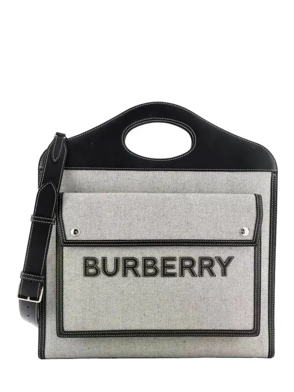 Burberry Logo Pocket Tote Canvas With Leather Medium Crossbody Bag - Black