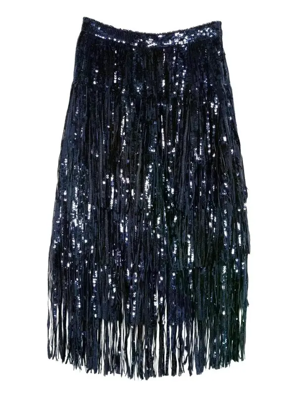 MIAU BY CLARA ROTESCU Sequined Fringed Midi Skirt - Blue