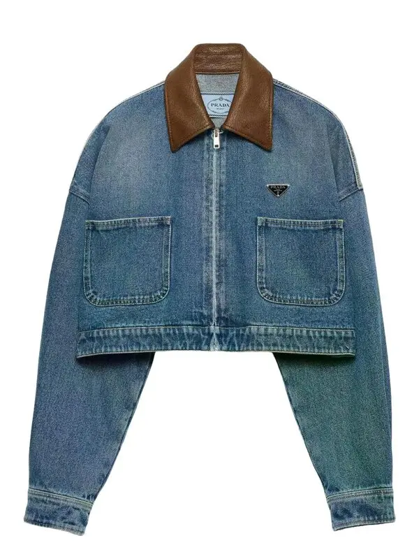 Prada Leather-collar Denim Jacket - Blue