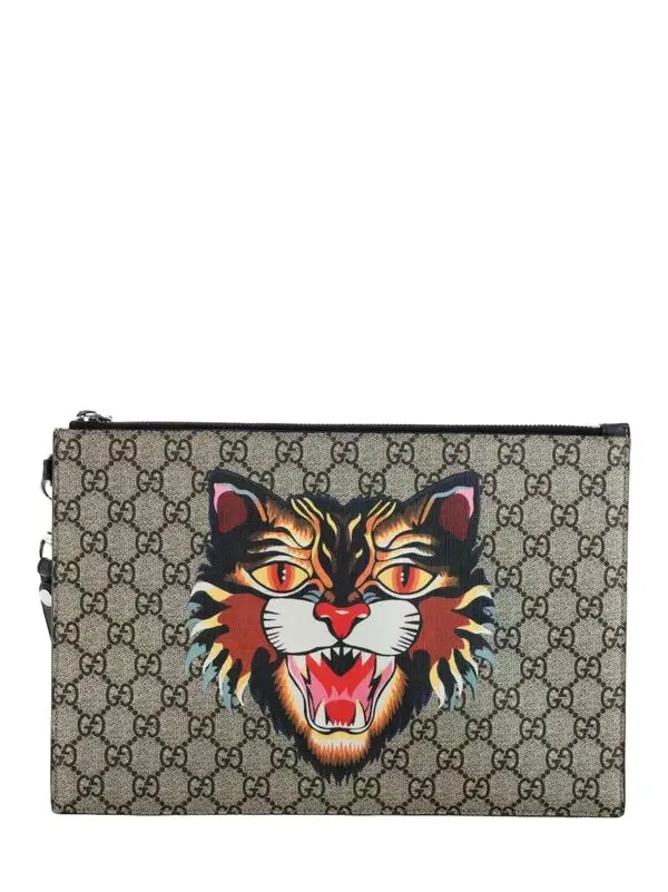 Gucci Zipped Angry Cat Gg Coated Canvas Large Clutch - Brown
