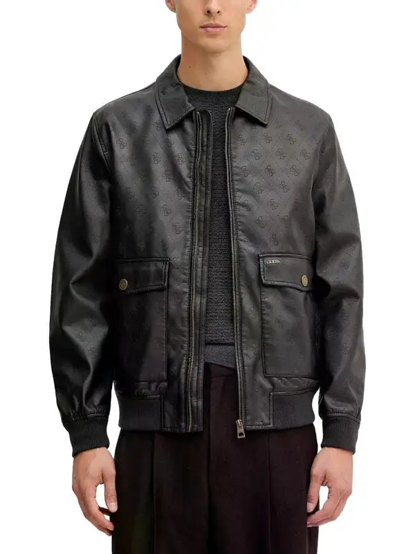 Guess Monogram Faux-leather Bomber Jacket - Black