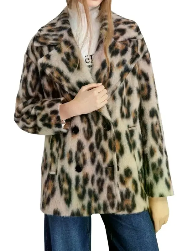 GAELLE Leopard Print Double-breasted Coat - Neutrals