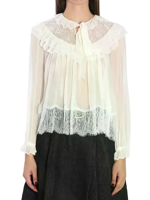SELF-PORTRAIT Lace Ruffled Top - White