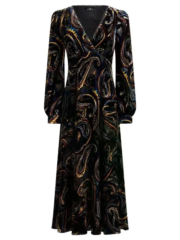 Etro Velvet Paisley-foliage Motif Wrap Midi Dress - Black