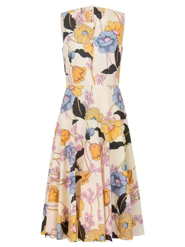 Marni Sleeveless Floral Midi Dress - Neutrals