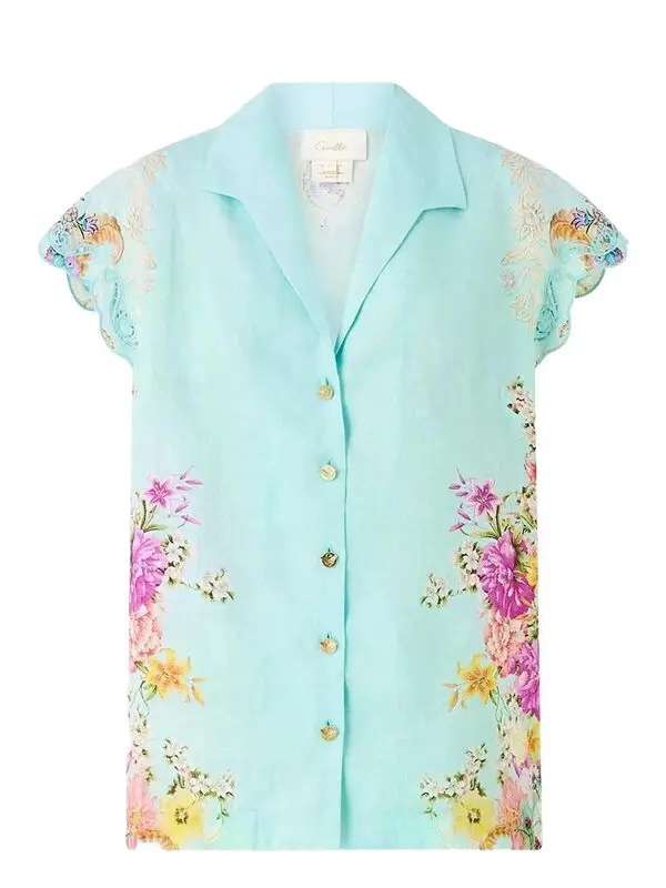 Camilla Button Floral Blouse - Blue