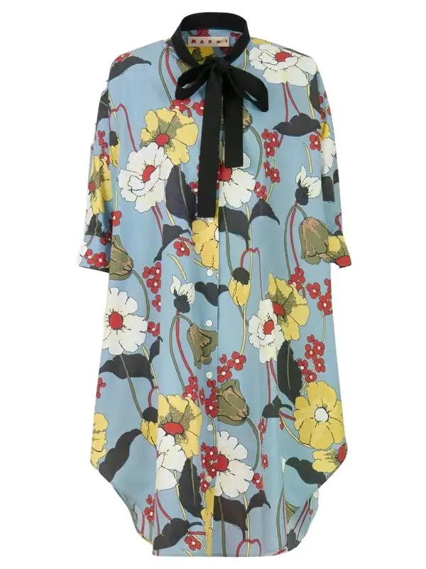 Marni Floral-print Neck-tie Dress - Blue