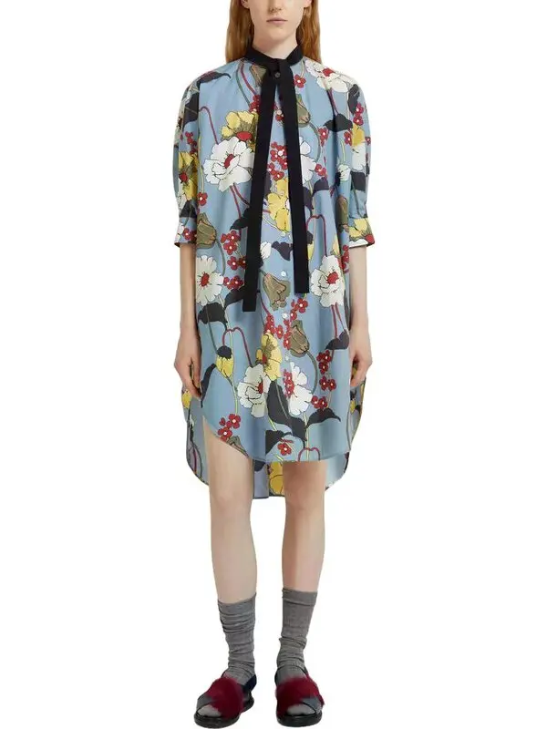 Marni Floral-print Neck-tie Dress - Blue