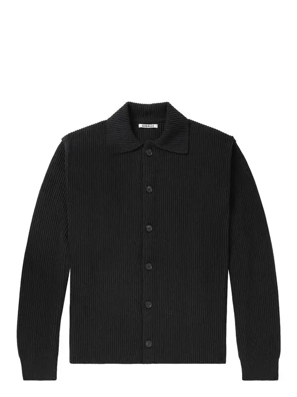 Auralee Ribbed-knit Wool Shirt Cardigan - Black