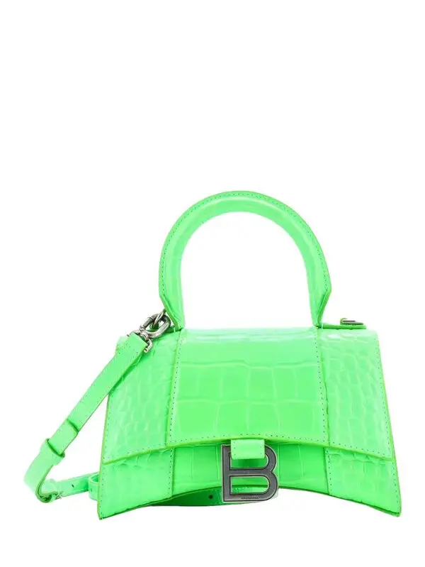 Balenciaga Hourglass Xs Top Handle Bag Crocodile Embossed Leather Satchel - Green