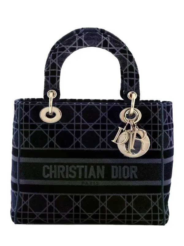 Dior Lady D-lite Cannage Embroidered Velvet Medium Tote Bag - Blue