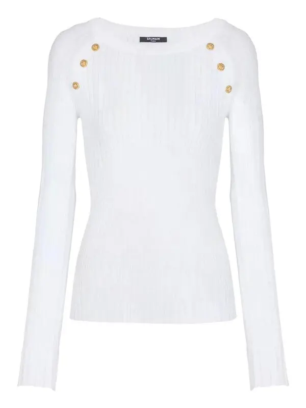 Balmain Ribbed Button Top - White