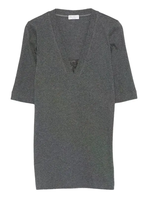 Brunello Cucinelli V-neck Embellished T-shirt - Grey
