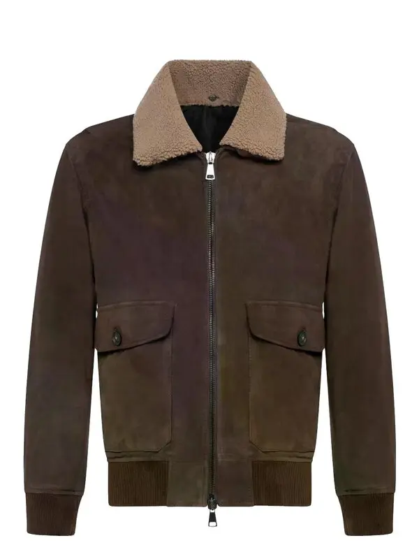 FRANZESE COLLECTION Detachable Collar Patch Pocket Jacket - Brown
