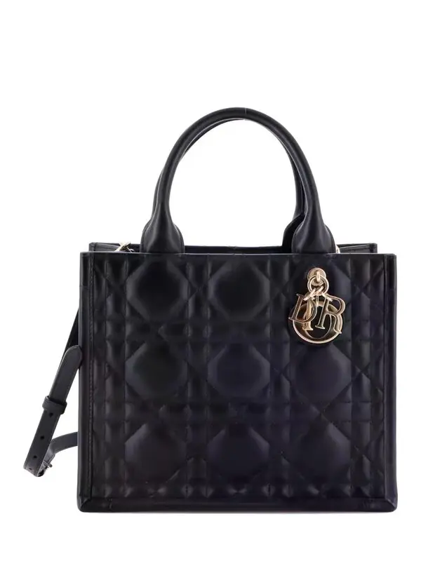 Dior Cannage Quilt Lambskin Small Tote Bag With Strap - Black