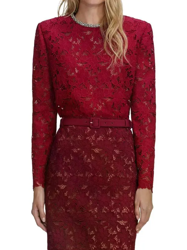 SELF-PORTRAIT Floral-relief Lace Midi Skirt - Red