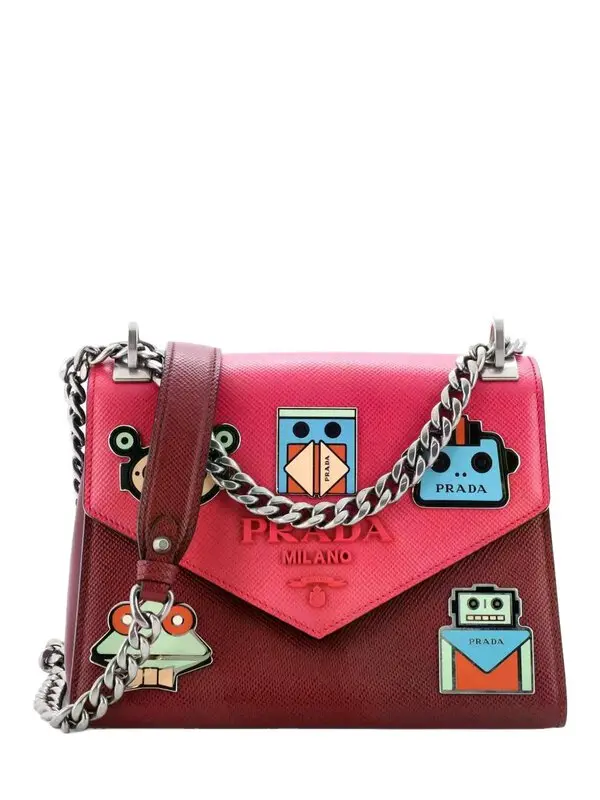 Prada Saffiano Leather Shoulder Bag With Robot Patches And Chain Strap - Pink
