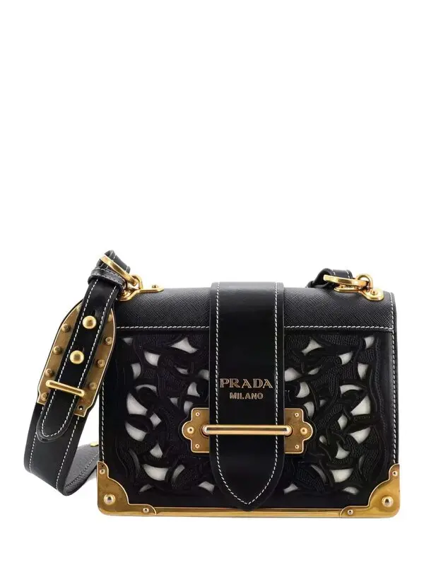 Prada Cahier Studded Laser Cut Leather Small Crossbody Bag - Black