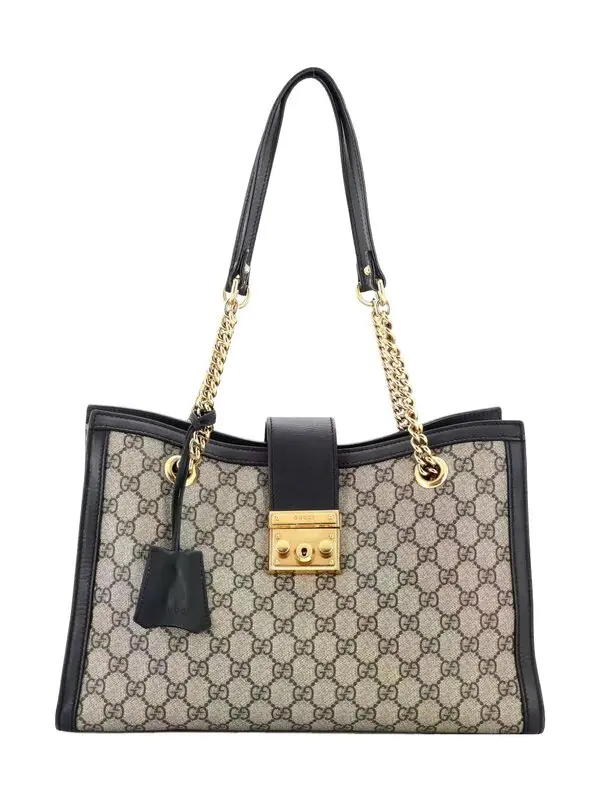 Gucci Padlock Chain Gg Coated Canvas With Leather Medium Tote Bag - Black