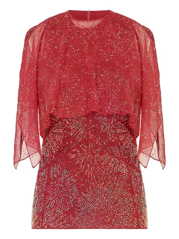 Rabanne Chiffon Cape Pearl Embroidered Top - Red