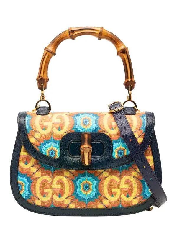 Gucci 2016-2025 100th Anniversary Medium Gg Coated Canvas 1947 Bamboo Top Handle Satchel - Blue