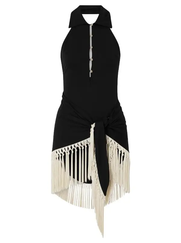 TALLER MARMO Tropicana Halterneck Swimsuit And Fringed Pareo Set - Black