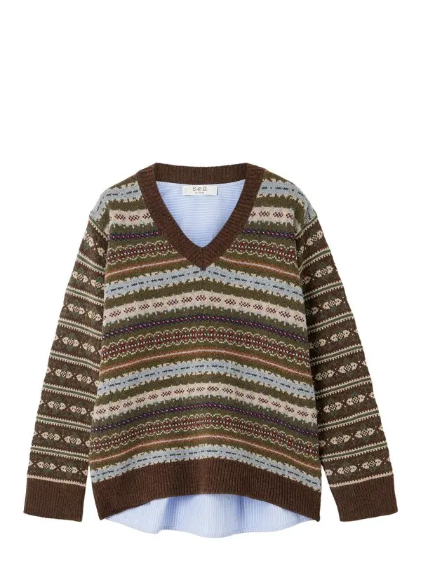 Sea Ciara Striped Cotton-poplin And Fair Isle Wool Sweater - Multi