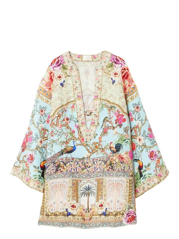 Camilla Crystal-embellished Printed Linen Kaftan - Multi