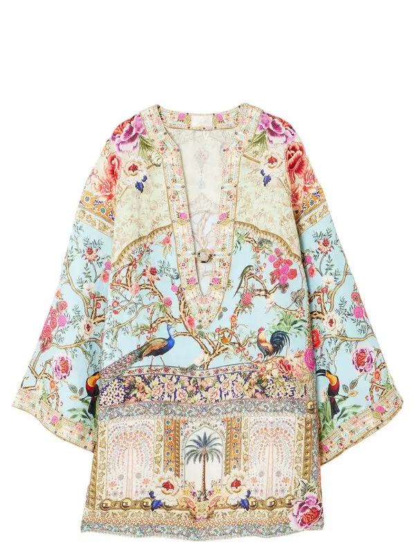 Camilla Crystal-embellished Printed Linen Kaftan - Multi