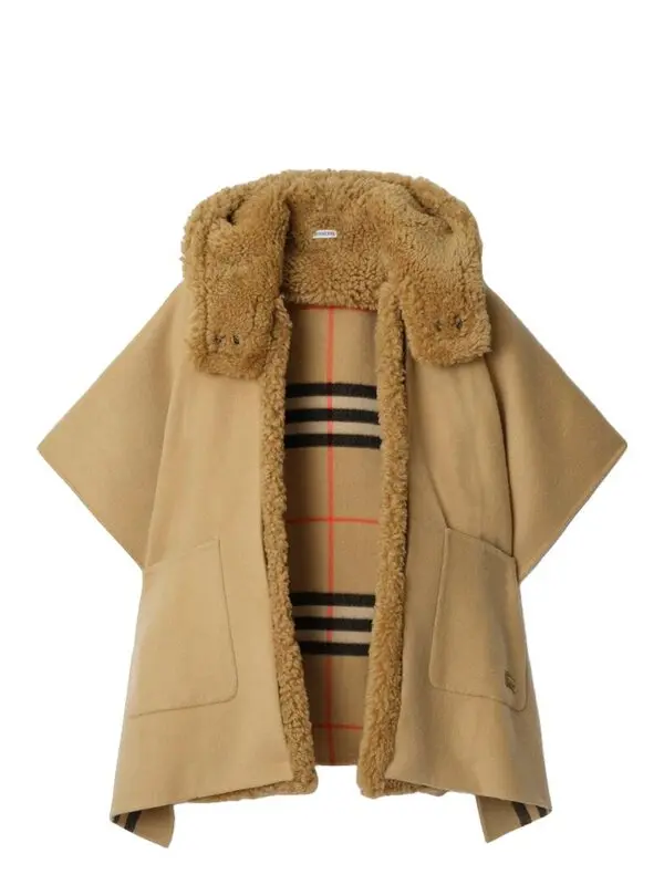 Burberry Reversible Shearling Trim Check Cashmere Cape - Sand Beige