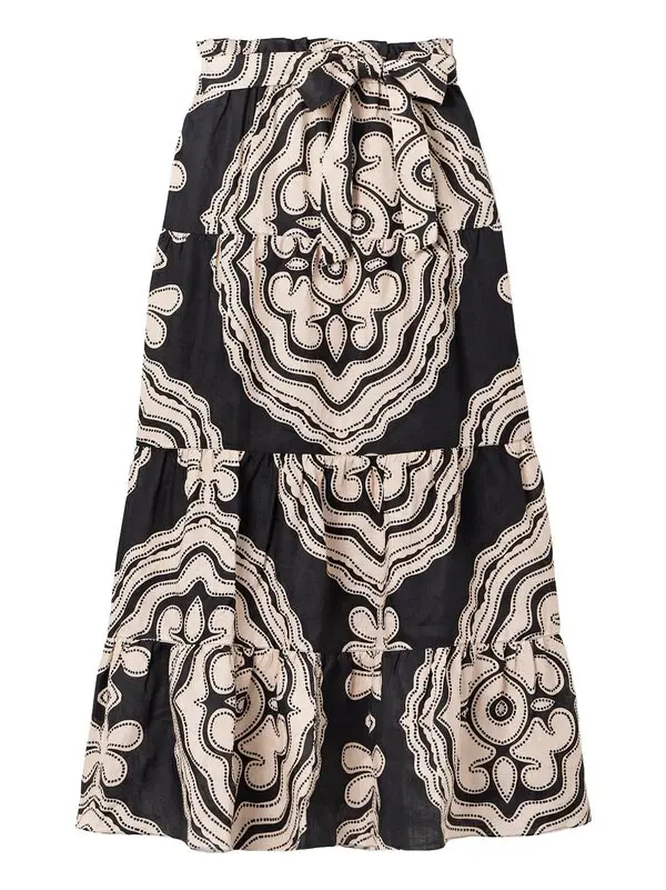 LEMLEM Sanaa Printed Linen Maxi Skirt With Belt - Black