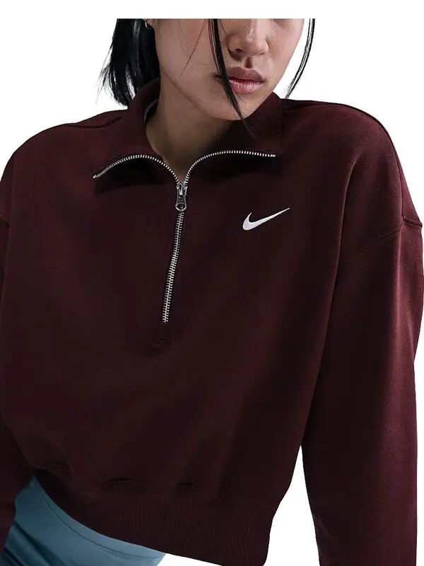 Nike Zip Neck Cropped Sweatshirt - Burgundy Crush/sail