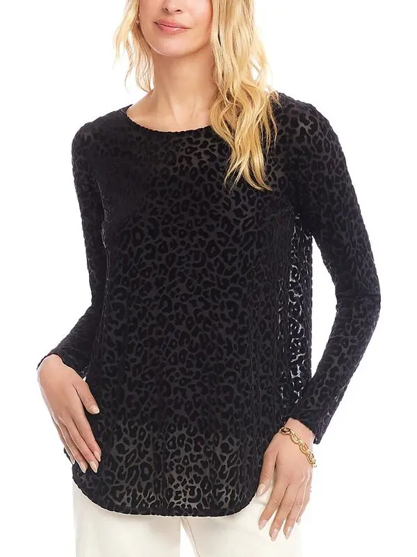 Karen Kane Long Sleeve Velvet Burnout Shirttail Top - Leopard