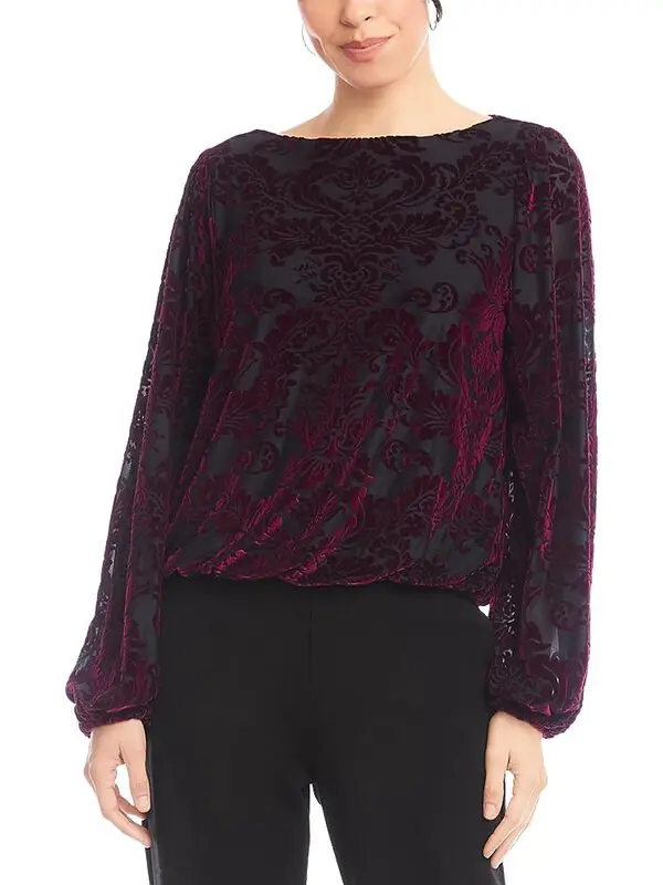 Karen Kane Blouson Sleeve Velvet Burnout Boatneck Top - Wine