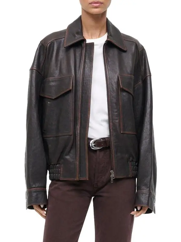 Staud Eugene Leather Bomber Jacket - Distressed Brown