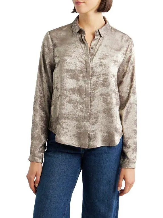 CLOTH & STONE Velvet Hidden Placket Button-up Shirt - Champagne Foil