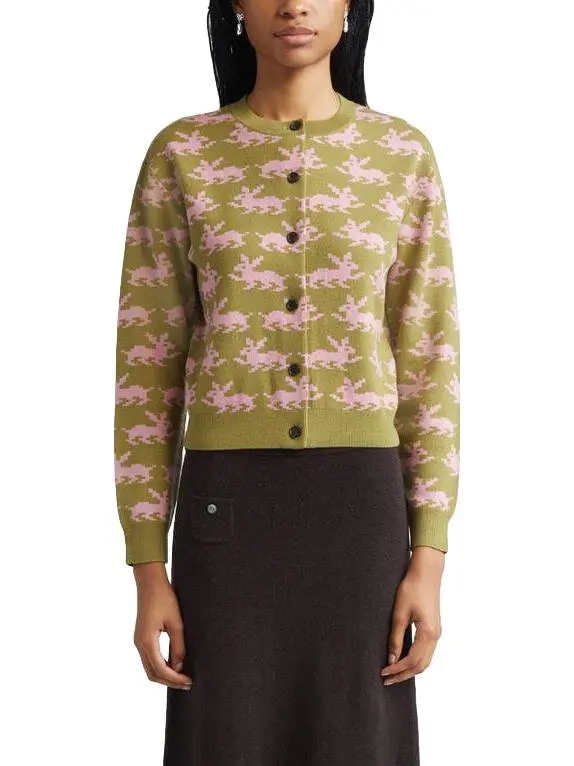 Sandy Liang Bouchette Merino Wool Jacquard Cardigan - Olive Multi