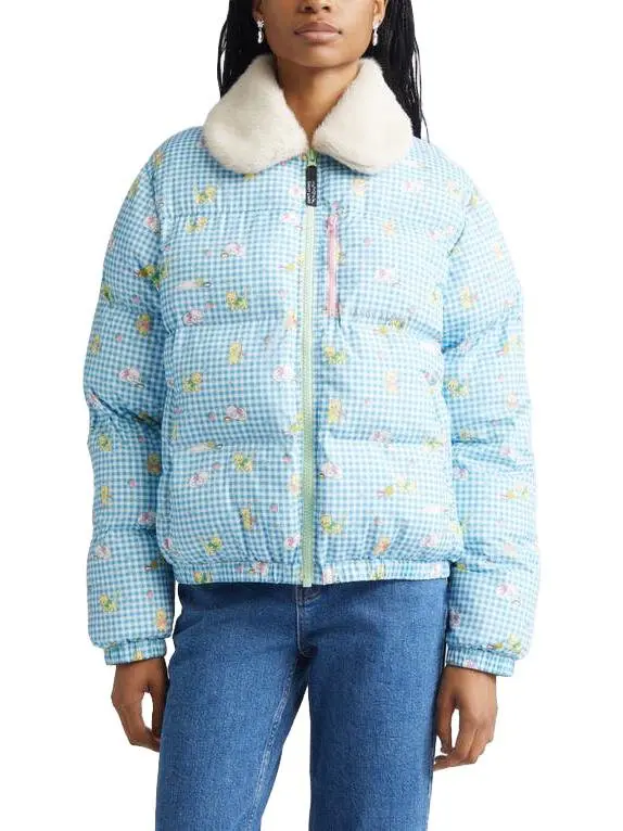 Sandy Liang Benny Faux Fur Collar Quilted Puffer Jacket - Blue Multi